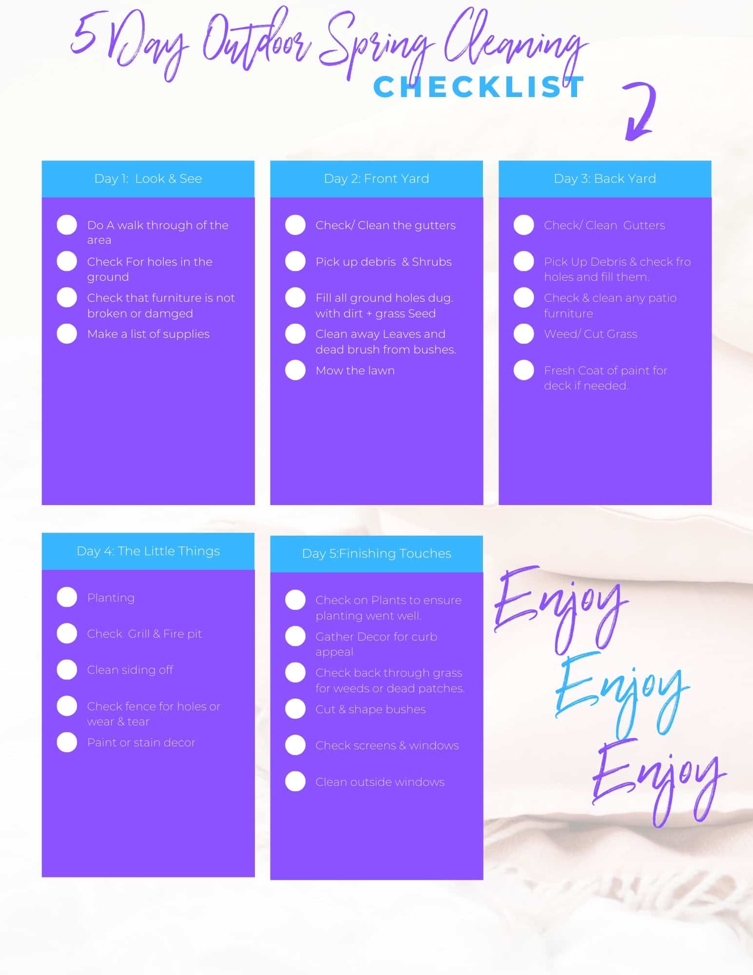 5 Day Outdoor Spring Cleaning Checklist - The All Purpose Woman